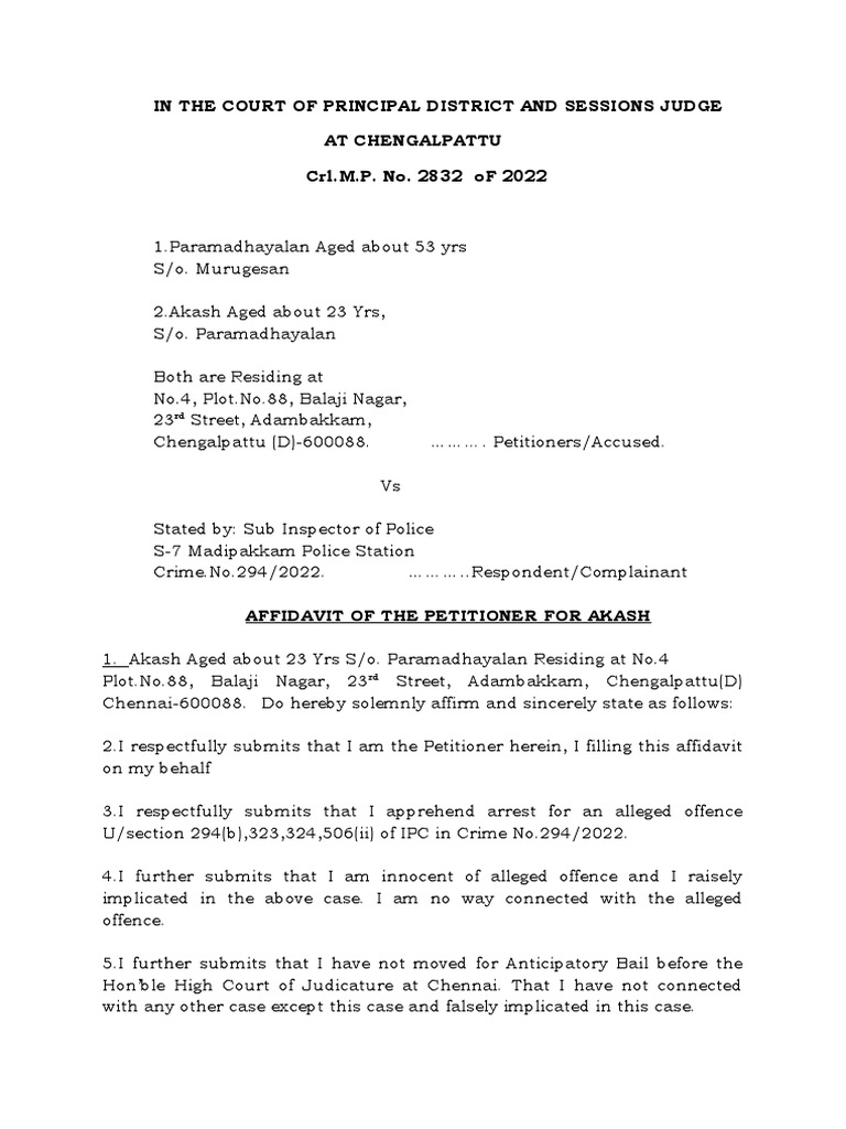 In The Court of Principal District and Sessions Judge Ab Akash Madipakkam CR 294 of 2022 | PDF ...