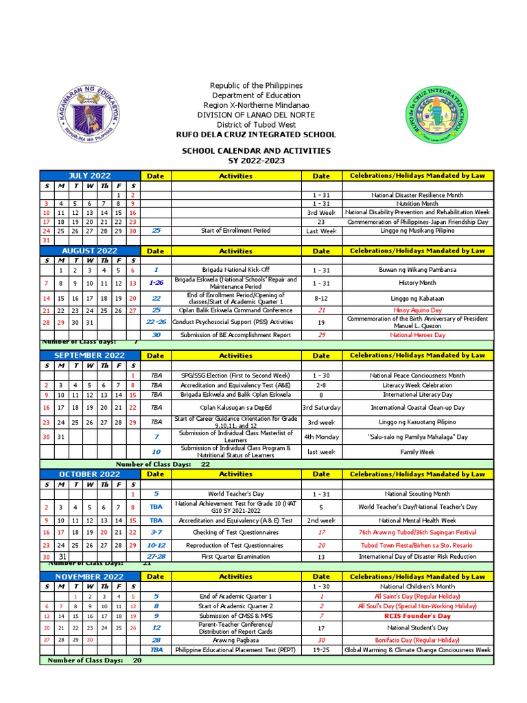 RCIS School Calendar SY 2022-2023 | PDF | Philippines
