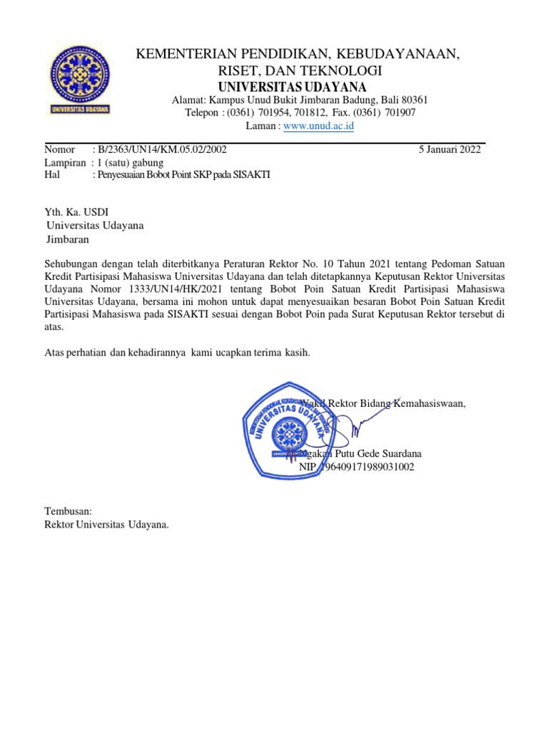 Surat Penyesuaian Bobot Poin SKP Dengan Lampiran | PDF