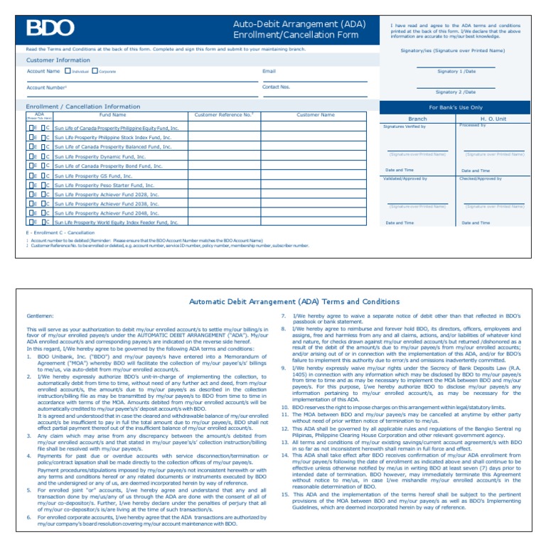 BDO ADA Enrollment Form | PDF | Payments | Debits And Credits