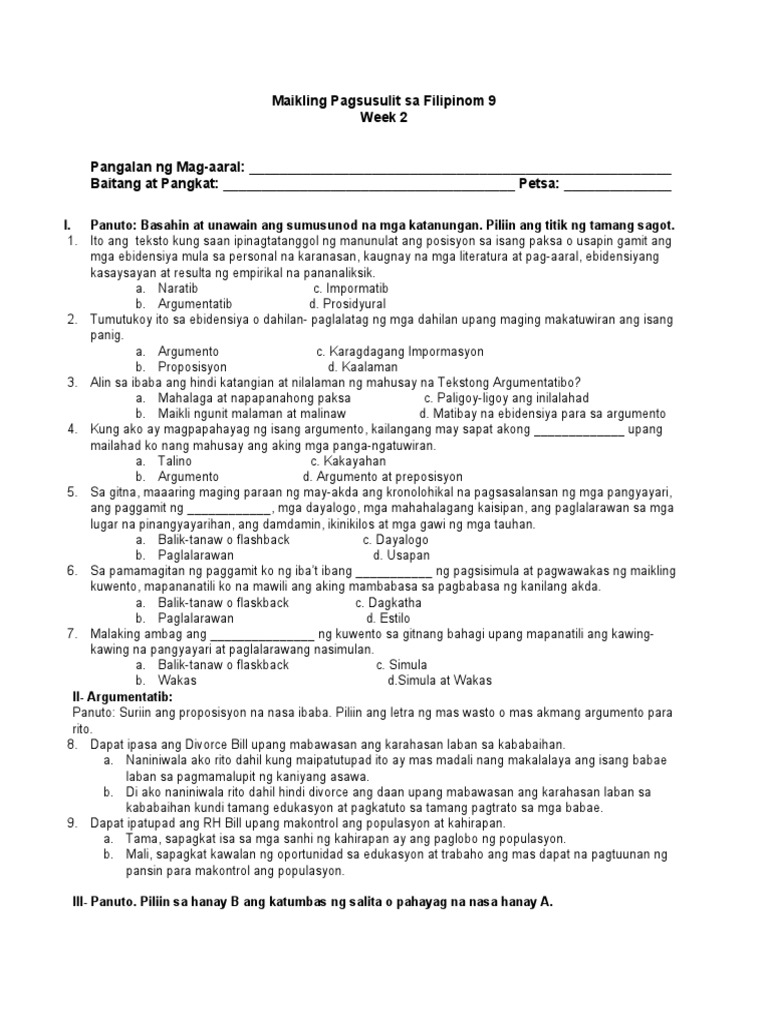 Week 2 Maikling Pagsusulit Sa Filipinom 9 | PDF