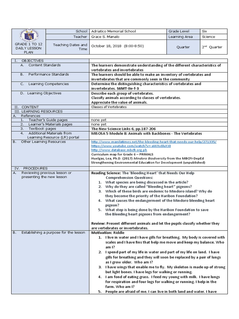 Vertebrate Classification Lesson Plan | PDF | Organisms