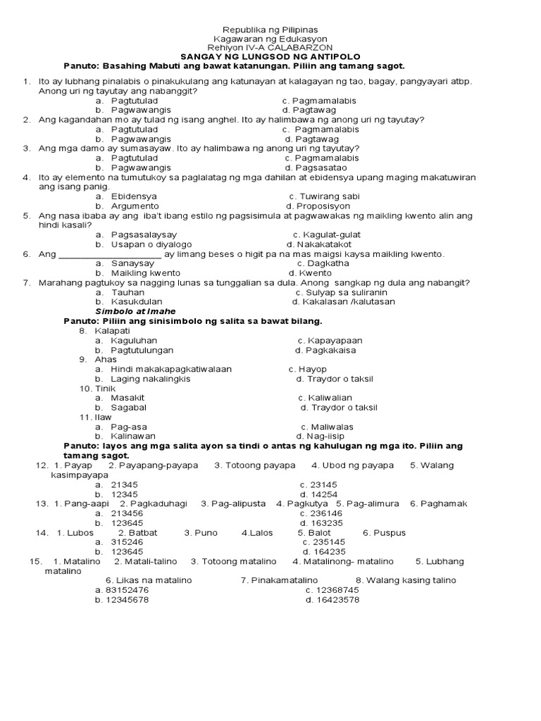 Week 3 Maikling Pagsusulit Sa Filipino 9 | PDF