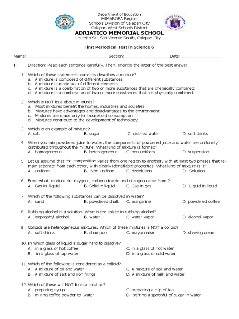First Periodical Test in Science | PDF | Mixture | Filtration