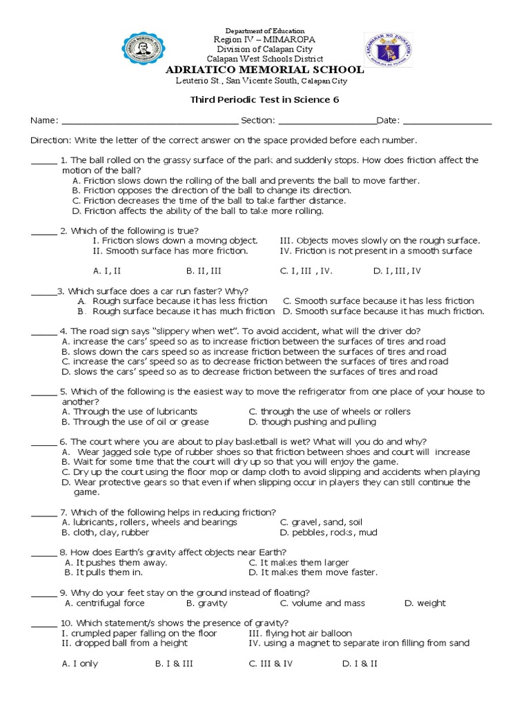 Third Periodical Test in Science | PDF | Friction | Machines