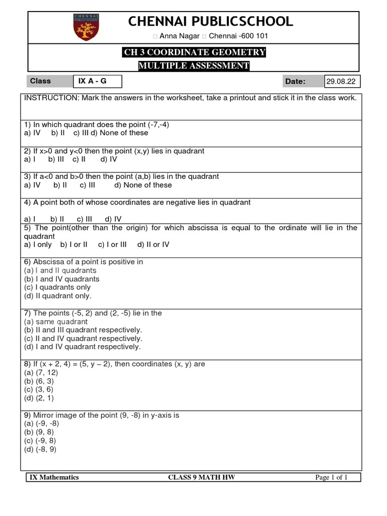 Chennai Public School: CH 3 Coordinate Geometry Multiple Assessment ...