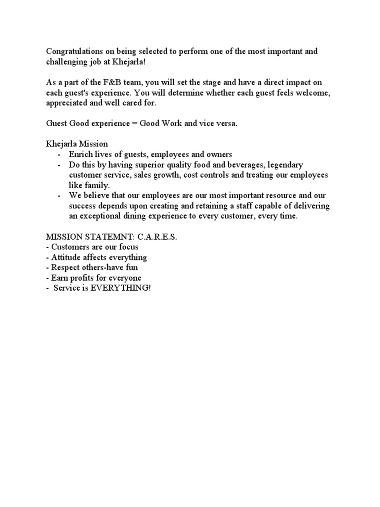 FnB Training | Menu | Waiting Staff