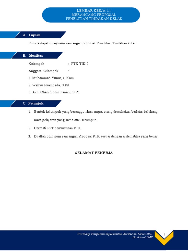 LEMBAR KERJA 1.1 Rancangan Proposal PTK TIK 2-1 | PDF