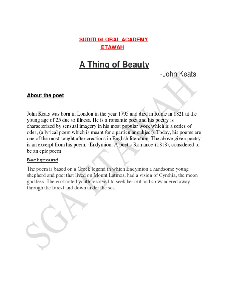A Thing of Beauty (English Core) Class 12 TERM II SGA | PDF | Beauty ...