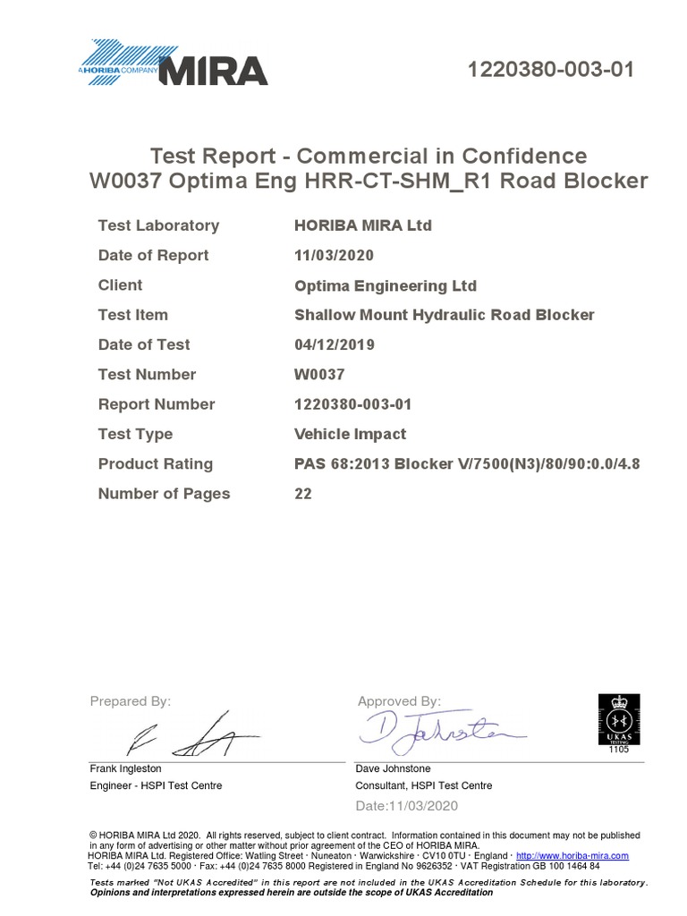 Optima HRR-CT-SHM Shallow Mount Road Blocker PAS68 TEST CERTIFICATE | PDF