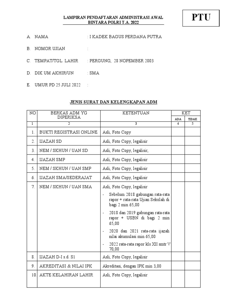 CHEKLIST BINTARA PTU-dikonversi | PDF