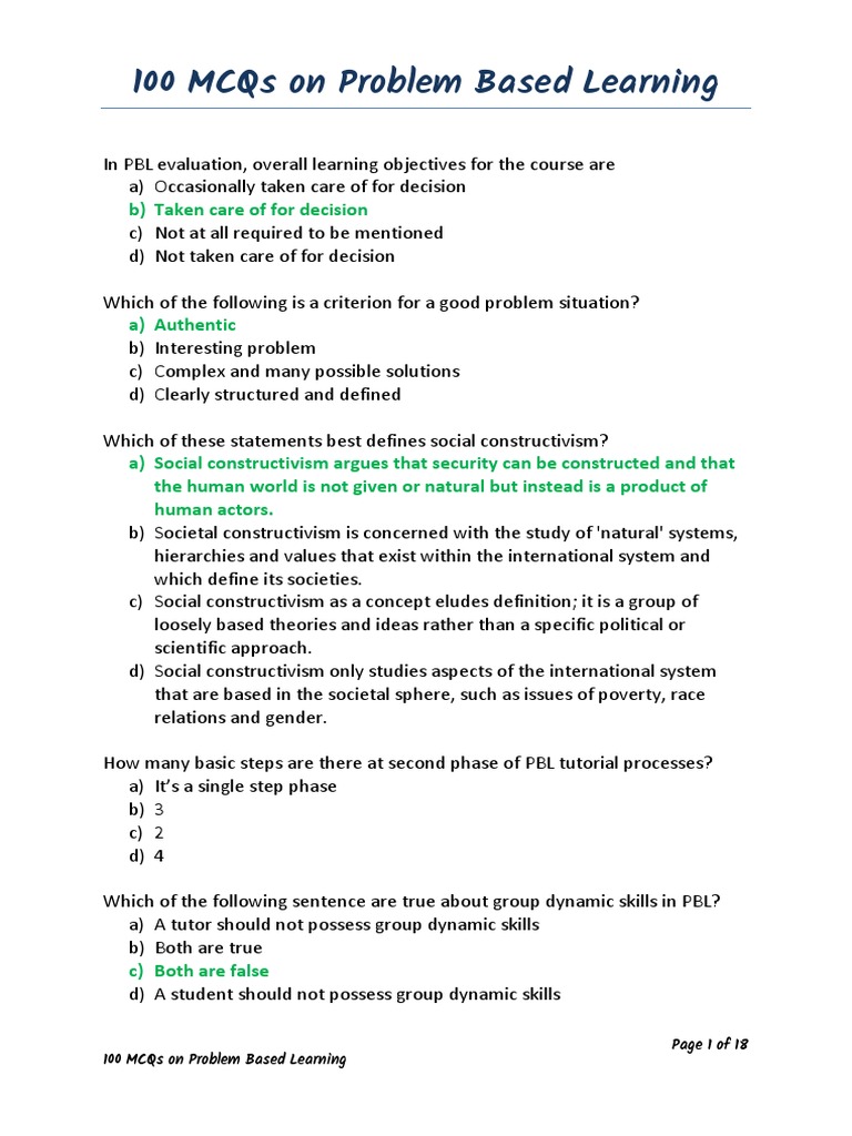 100 MCQs On Problem Based Learning | PDF | Constructivism (Philosophy ...