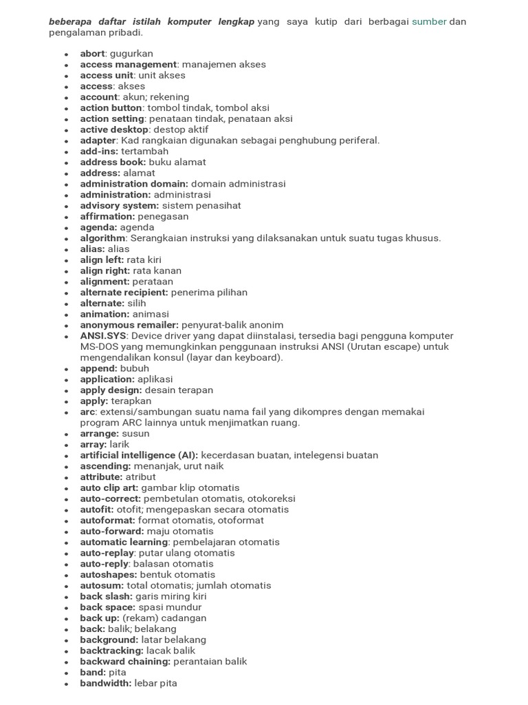 Beberapa Daftar Istilah Komputer Lengkap Pdf