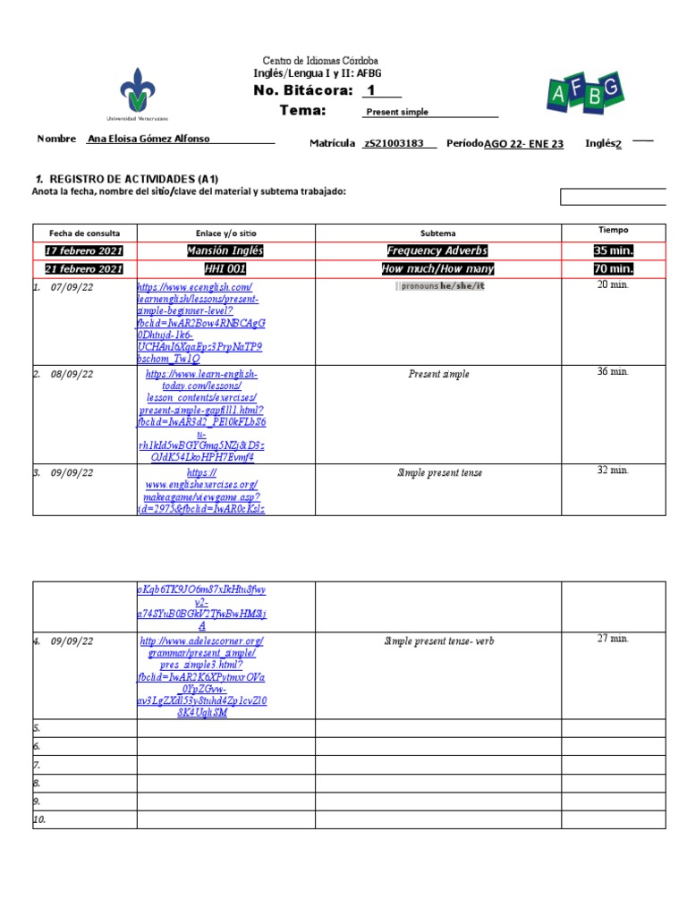 Bitacora Inglés 1 | PDF | Comunicación humana | Idiomas