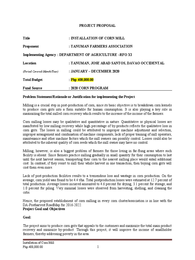 Project Proposal Corn Mill | PDF | Maize | Economies