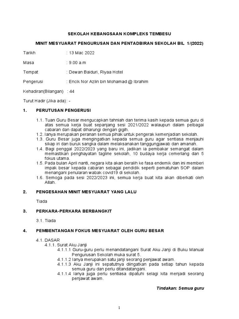 Minit Mesyuarat Pengurusan Bil 1 | PDF