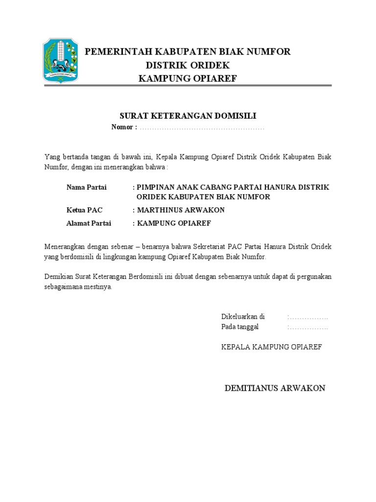 Surat Domisili PAC Hanura Biak Numfor | PDF