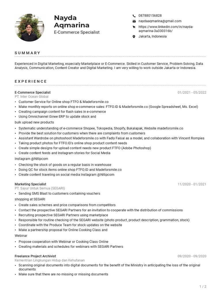 E-Commerce Specialist Resume: Nayda Aqmarina | PDF | Online Shopping ...