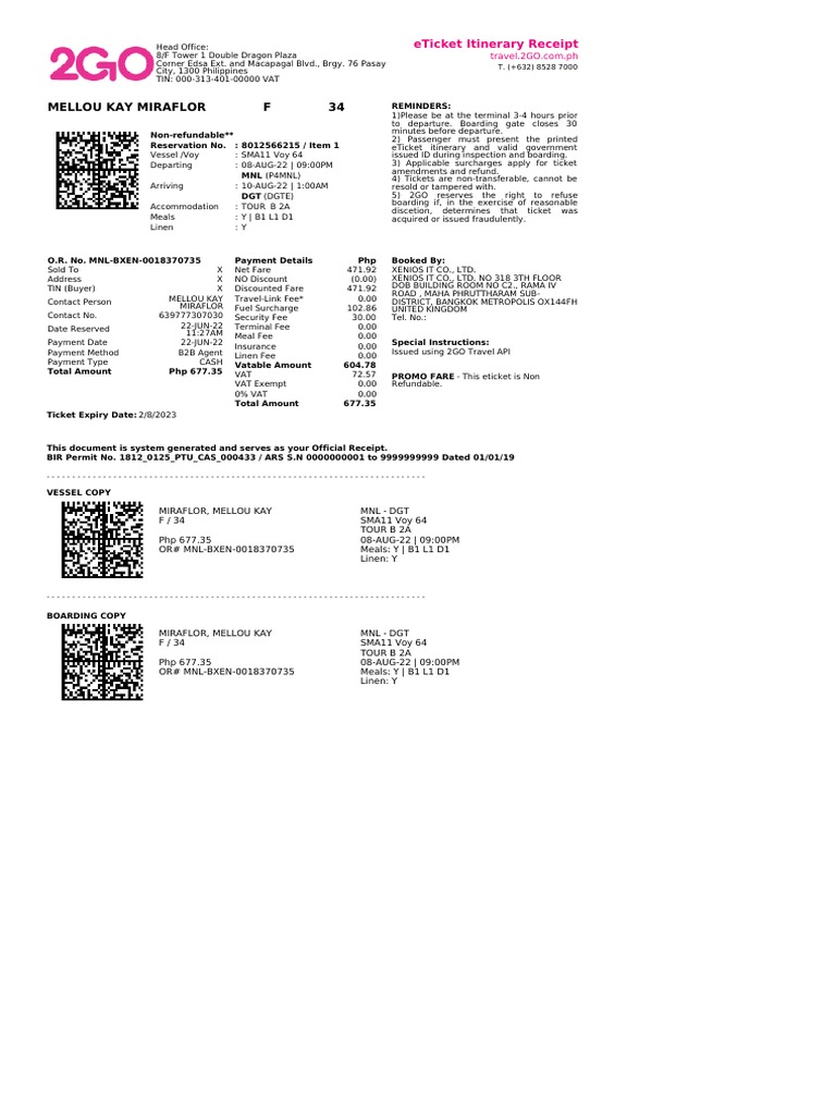 Mellou Kay Miraflor F 34: Eticket Itinerary Receipt | PDF | Legal ...