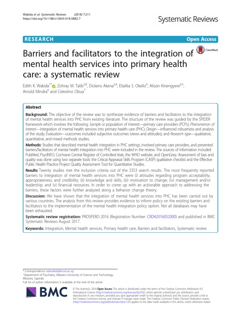 Barriers and Facilitators To The Integration of Mental Health Services Into Primary Health Care ...