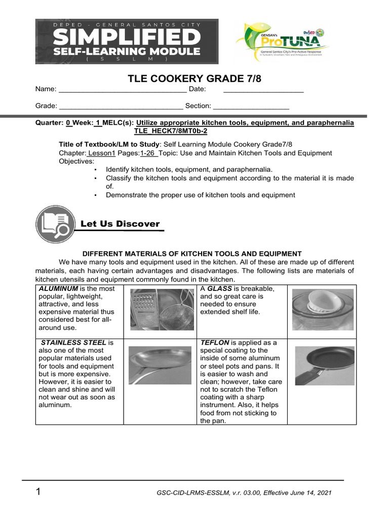 SSLM Tle Cookery 7 8 Q0 W1 | PDF | Cookware And Bakeware | Refrigerator