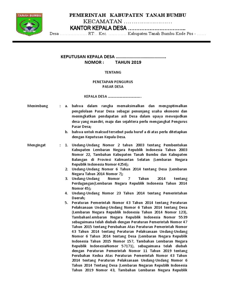 Draft SK Kepengurusan Pasar Desa - Edit | PDF