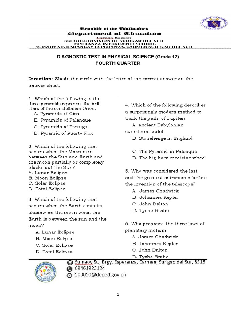 DIAGNOSTIC TEST in Physical Science 2ndquarter | Download Free PDF ...