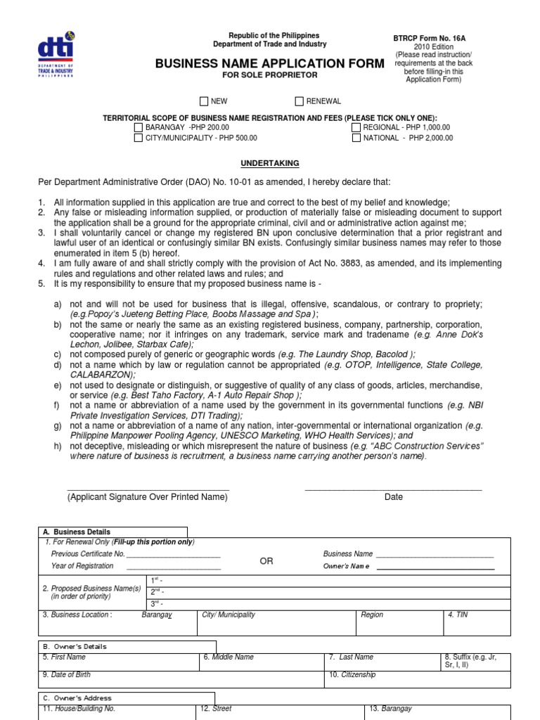 Business Name Application Form Sole Proprietorship | Trade Name ...