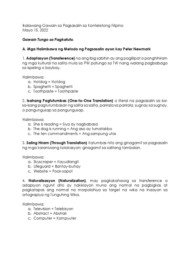 Ikalawang Gawain Sa Pagsasalin Sa Kontekstong Filipino | PDF