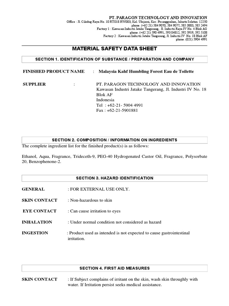 MSDS Malaysia Kahf Humbling Forest Eau de Toilette | PDF | Water | Fires