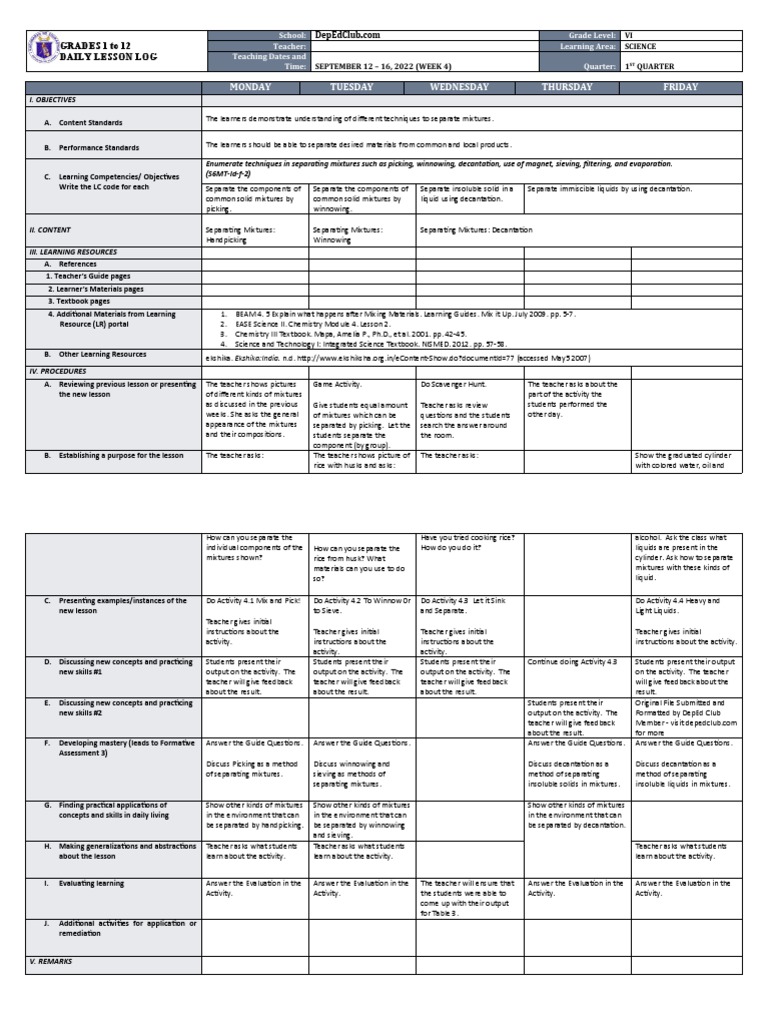 DLL - Science 6 - Q1 - W4 | PDF | Learning | Behavior Modification
