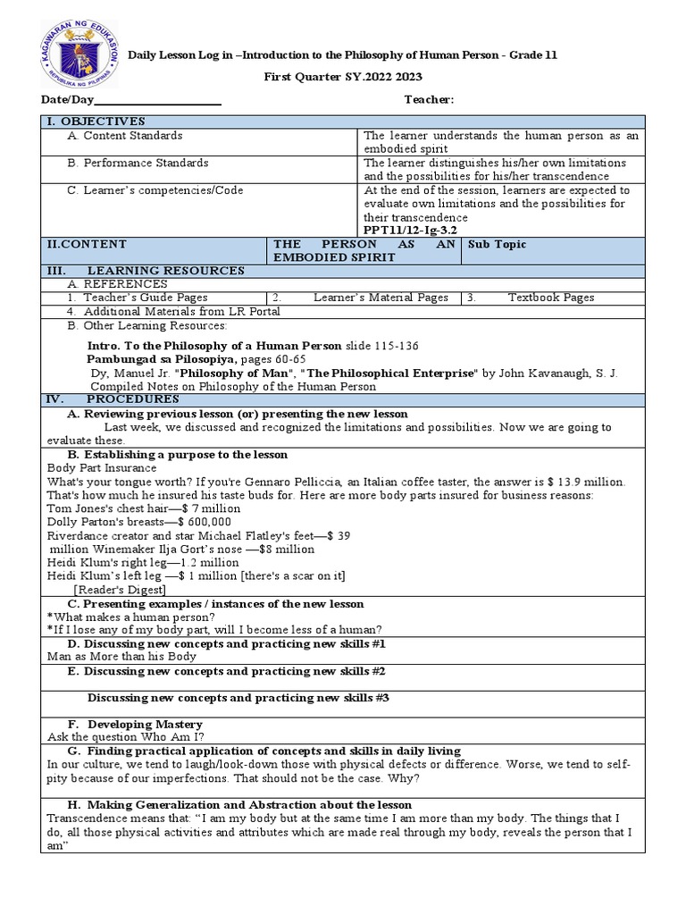 Grade 11 Philosophy Lesson Plan | PDF | Concept | Cognition