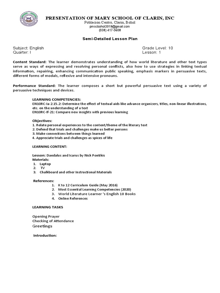 LP English 10 Lesson Q1 | Download Free PDF | Learning | Lesson Plan