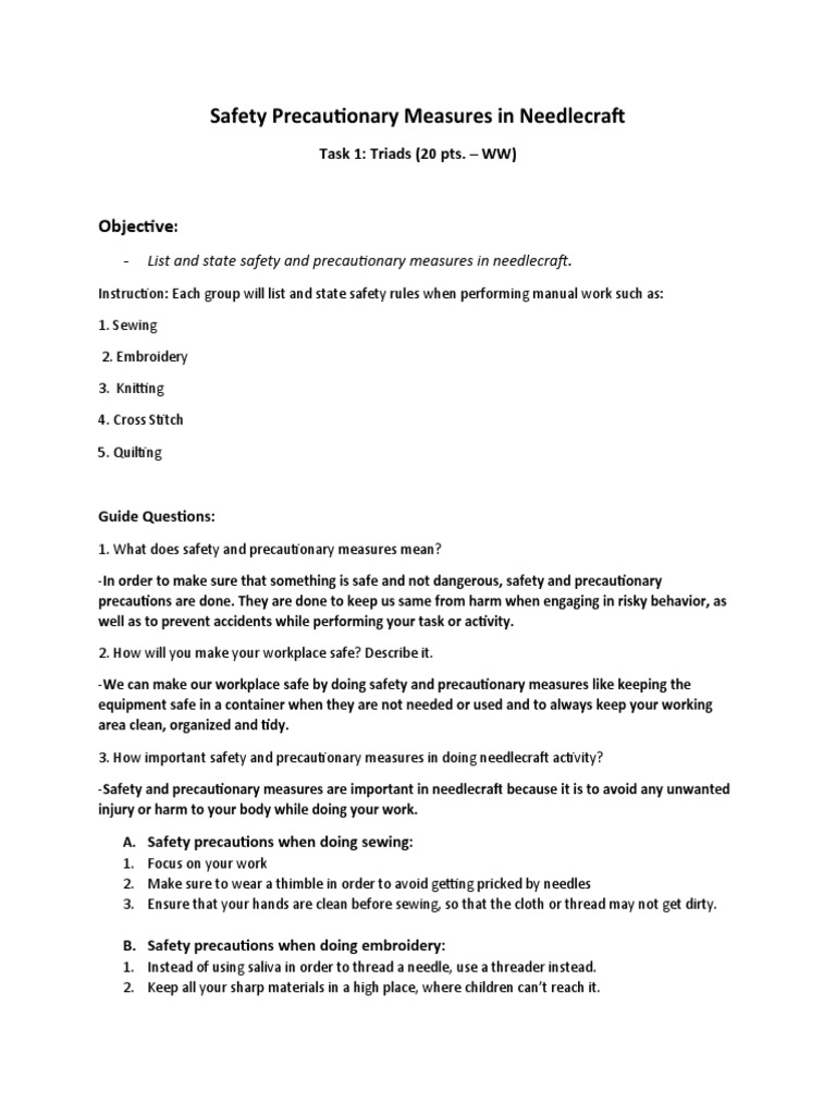 Task 1 Safety Precautionary Measures in Needlecraft | PDF