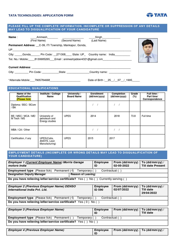 Short Application Form Tata Technologies v1.4 | PDF | Background Check