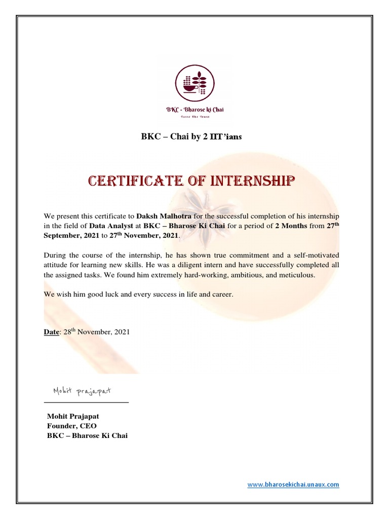 BKC Internship Certificate - Daksh Malhotra | PDF | Career & Growth | Finance & Money Management