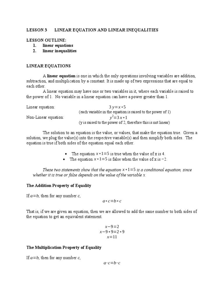 LESSON 3linear Equation and Linear Inequalities | PDF | Equations ...