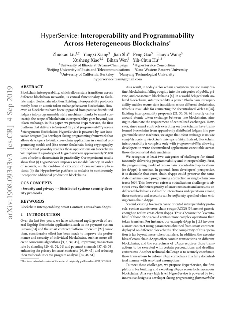 Hyperservice: Interoperability and Programmability Across Heterogeneous Blockchains | PDF ...