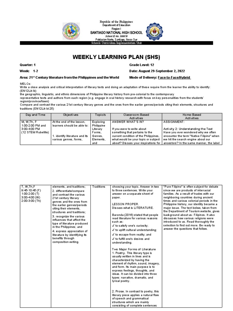 WEEKLY-LEARNING-PLAN 21st Century Lit | PDF | Genre | Writers
