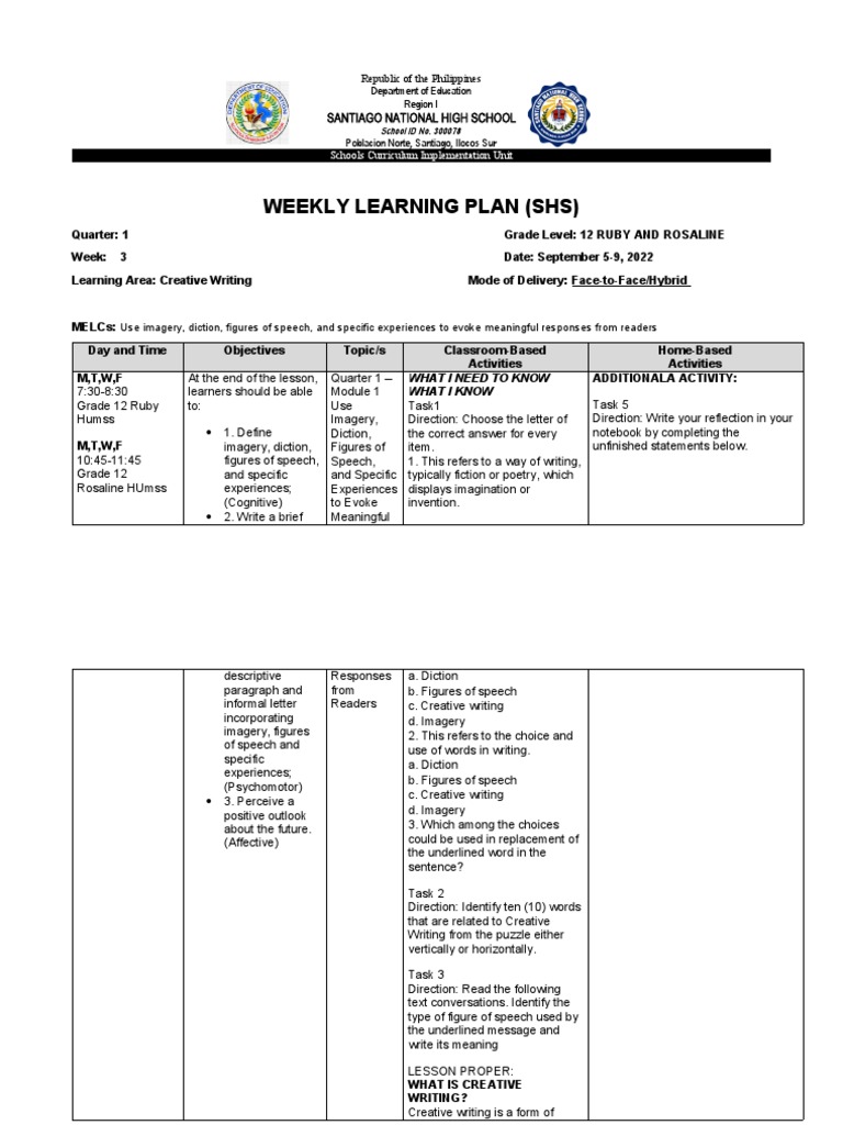 WEEKLY-LEARNING-PLAN Creative Writing | PDF | Perception | Learning