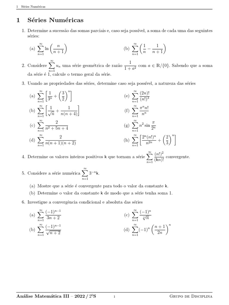 Series Numericas Exercicios | PDF | Série (Matemática) | Matemática