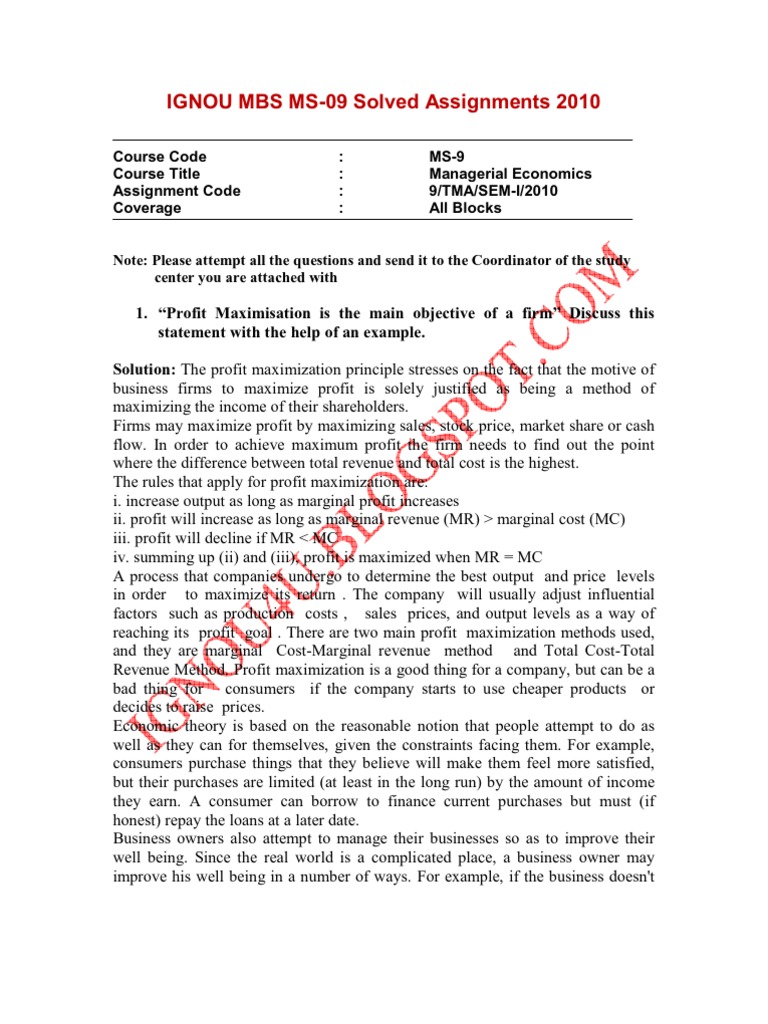 IGNOU MBS MS-09 Solved Assignments 2010 | PDF | Oligopoly | Forecasting