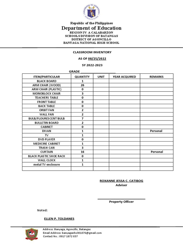 Classroom Inventory Template | PDF