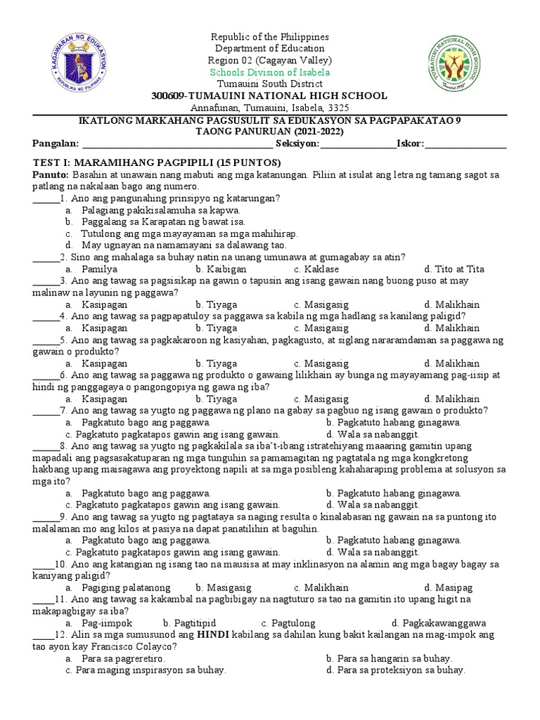 ESP-9-3rd SUMMATIVE-EXAMINATION | PDF