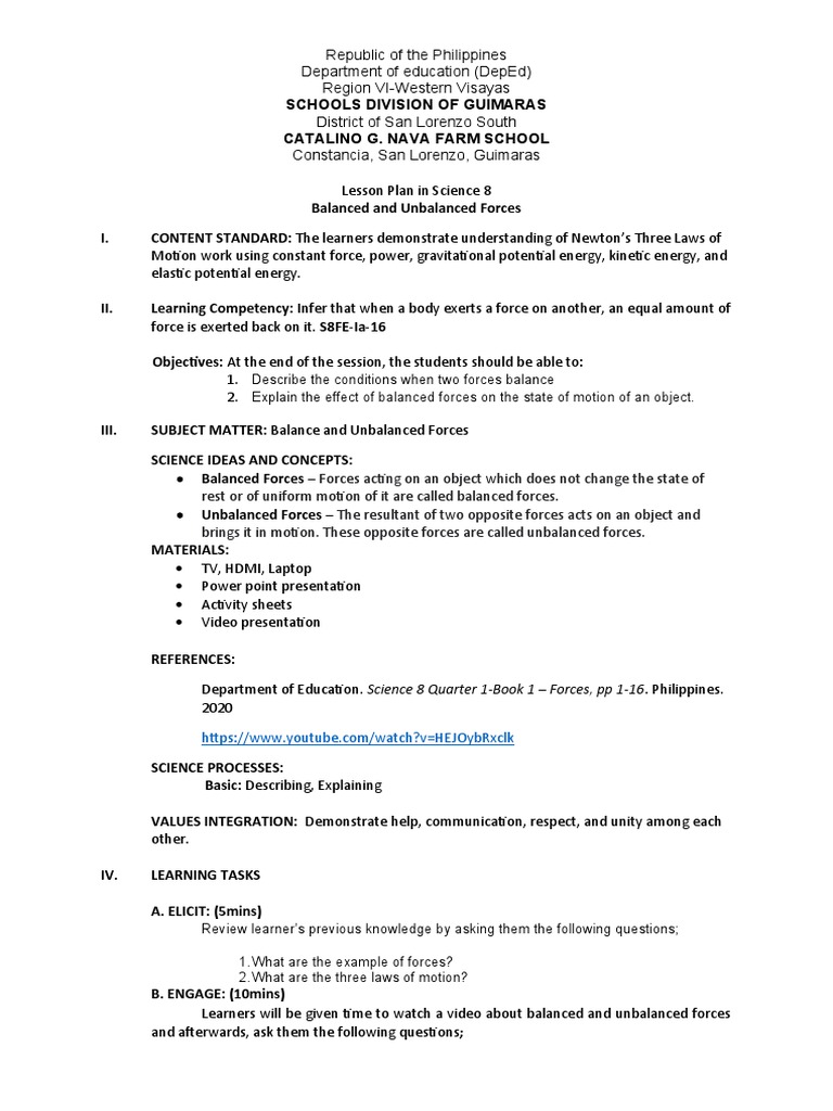 LP - Science 8 - Balanced & Unbalanced Forces | PDF | Force | Newton's Laws Of Motion