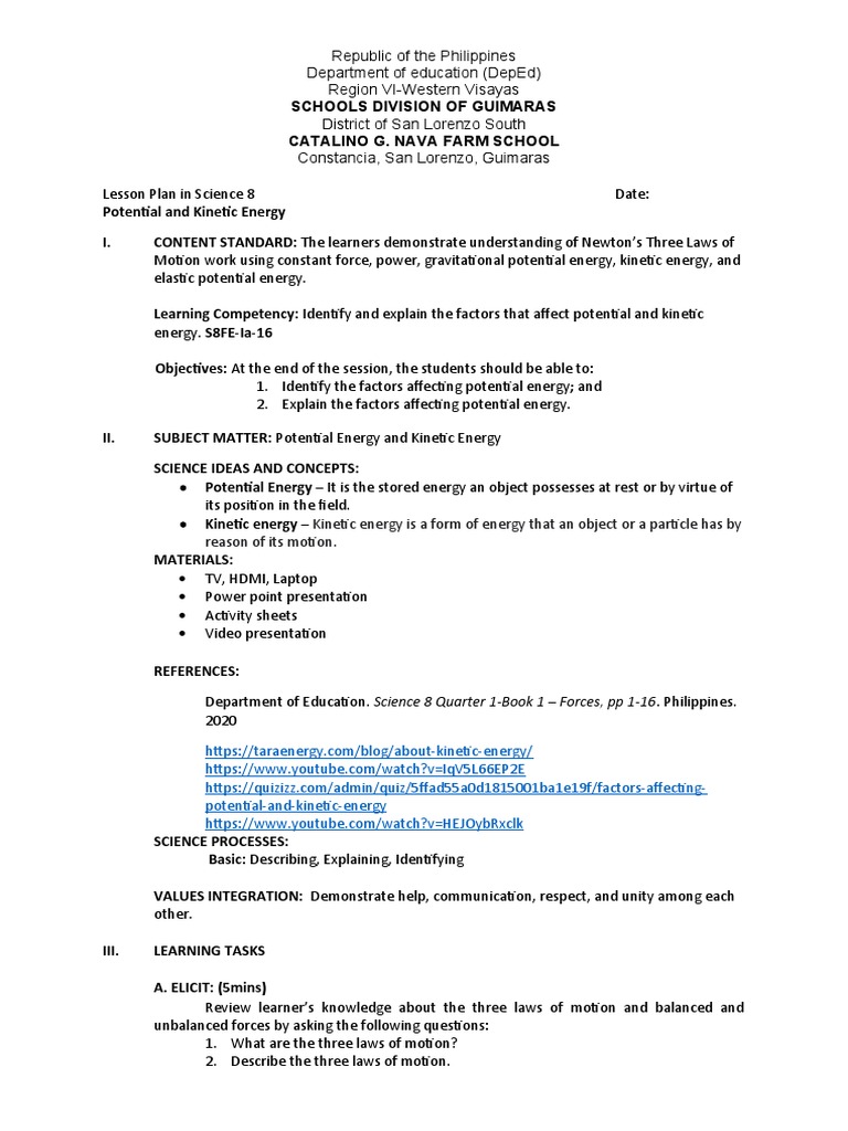 Grade 8 Lesson Plan: Energy Concepts | PDF | Potential Energy | Force