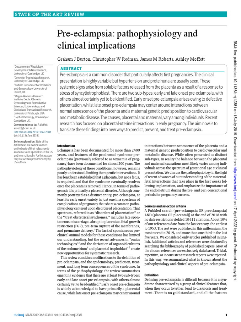 Pre-Eclampsia - Pathophysiology and Clinical Implications | PDF | Placenta | Hypertension