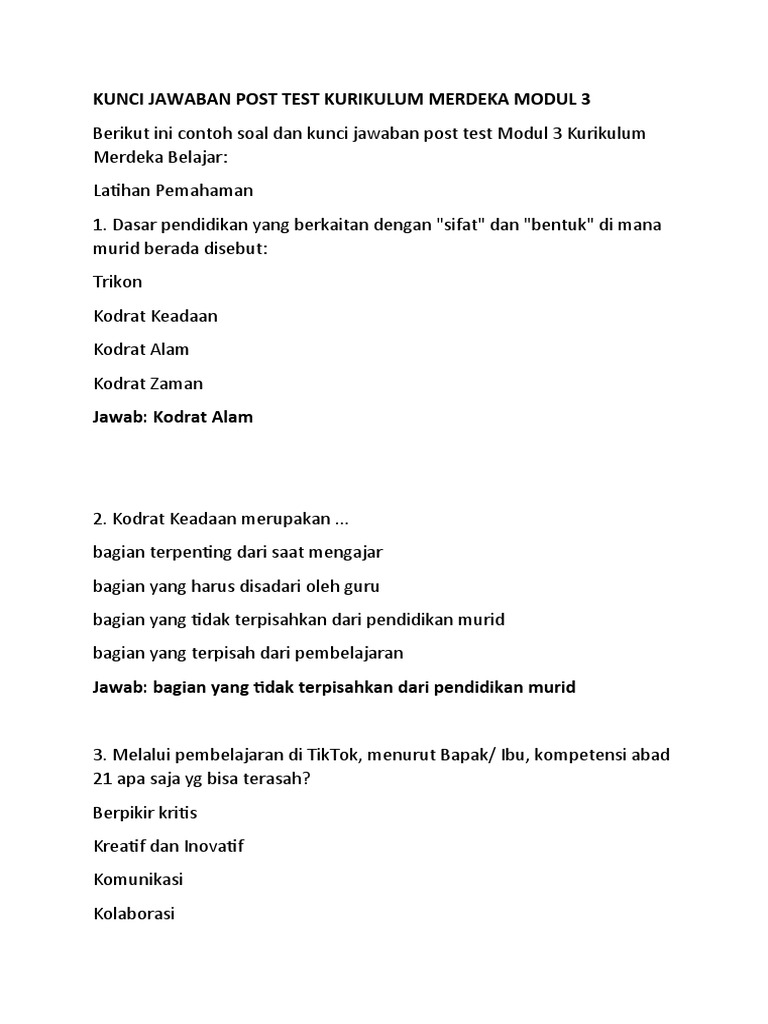 Kunci Jawaban Post Test Kurikulum Merdeka Modul 3 Pdf
