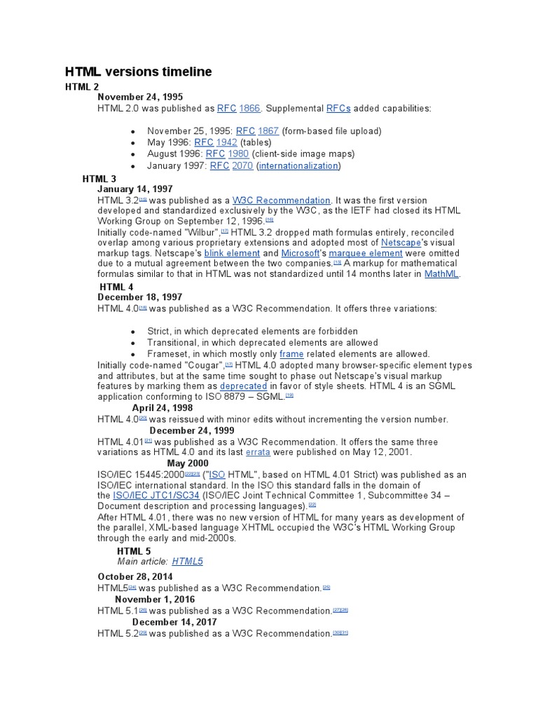 HTML Versions Timeline | PDF | Html | Html5 HTML Versions Timeline | PDF | Html | Html5
