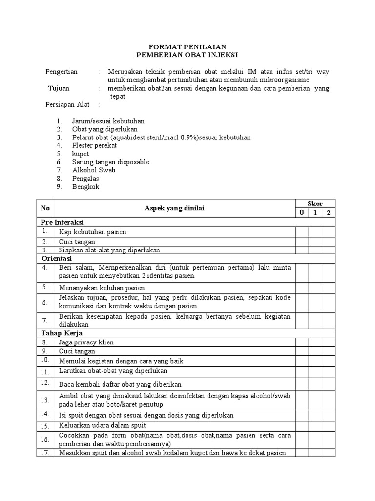 Cek List Penilaian Pemberian Obat Injeksi | PDF